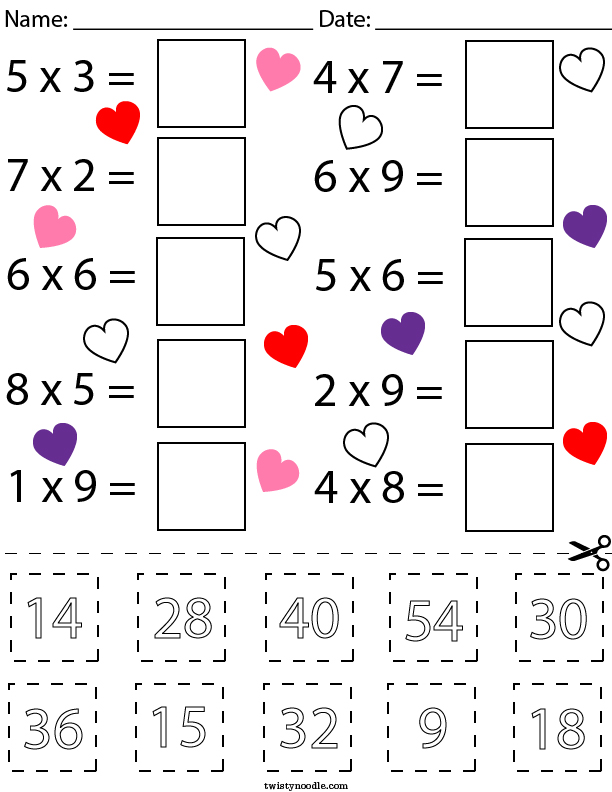 Valentine s Day Multiplication Cut And Paste Math Worksheet Twisty Noodle Valentine s Day Multiplication Cut And Paste Math Worksheet Twisty Noodle